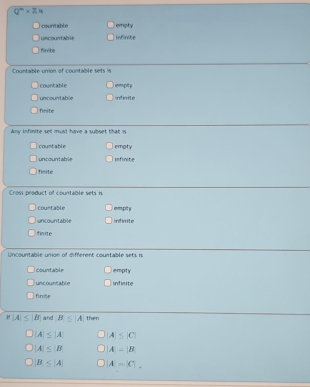 Solved Qm×Z is countable empty uncountable infinite finite | Chegg.com