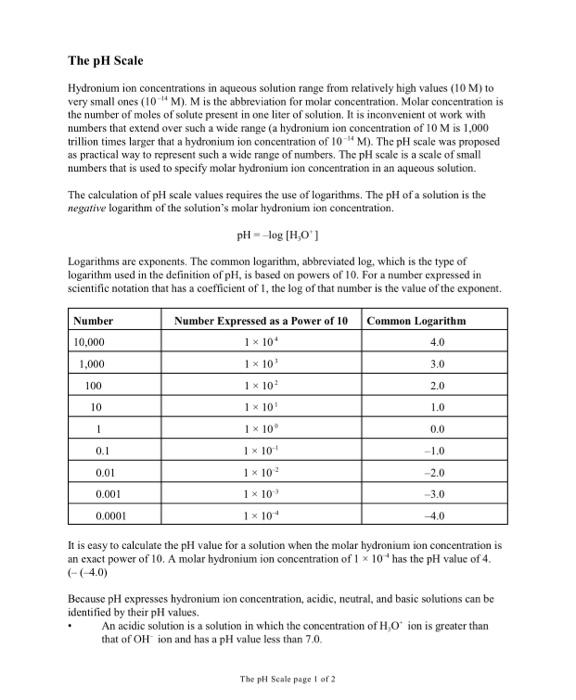 Solved The pH Scale Hydronium ion concentrations in aqueous | Chegg.com