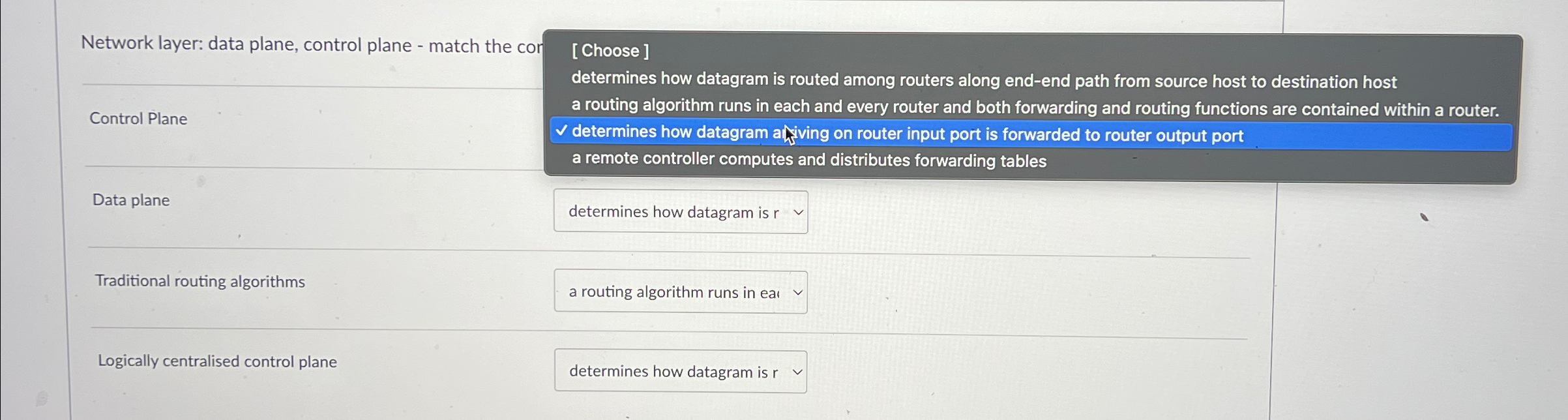 Solved Network layer: data plane, control plane - ﻿match the | Chegg.com