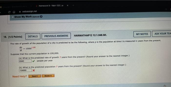 Homework 9. Math 1331, webassign.net Show My Work MY | Chegg.com