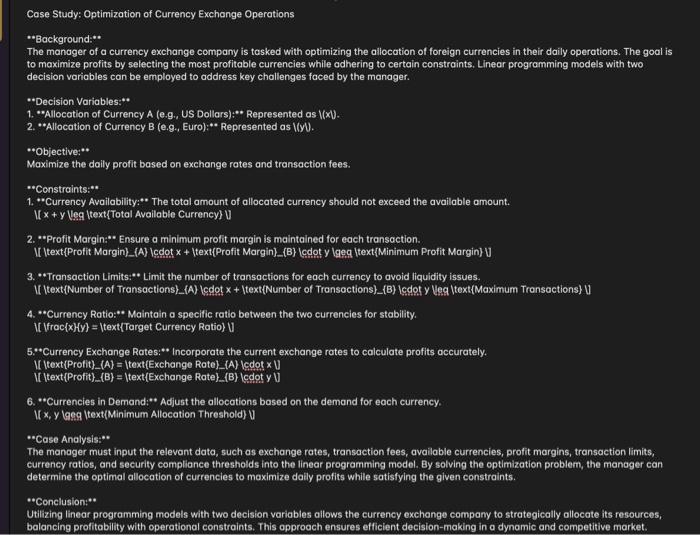 Solved Case Study: Optimization of Currency Exchange | Chegg.com