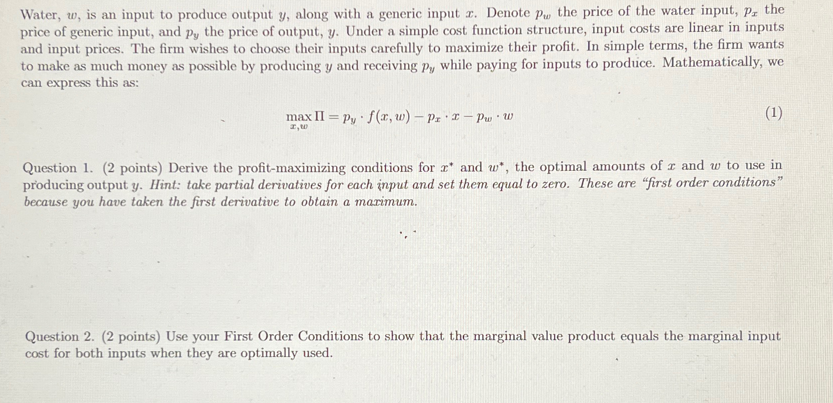 Solved Water, w, ﻿is an input to produce output y, ﻿along | Chegg.com