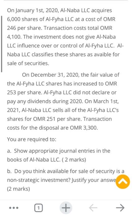 Solved On January 1st, 2020, Al-Naba LLC acquires 6,000 | Chegg.com