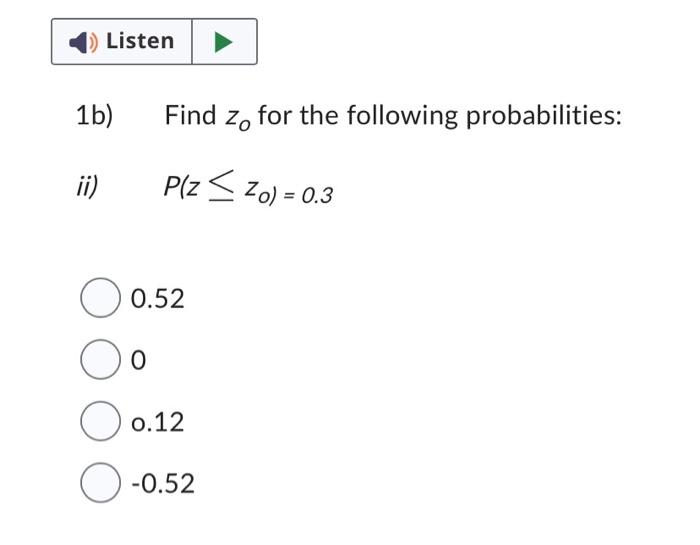 Solved 1b) Find z0 for the following probabilities: ii) | Chegg.com