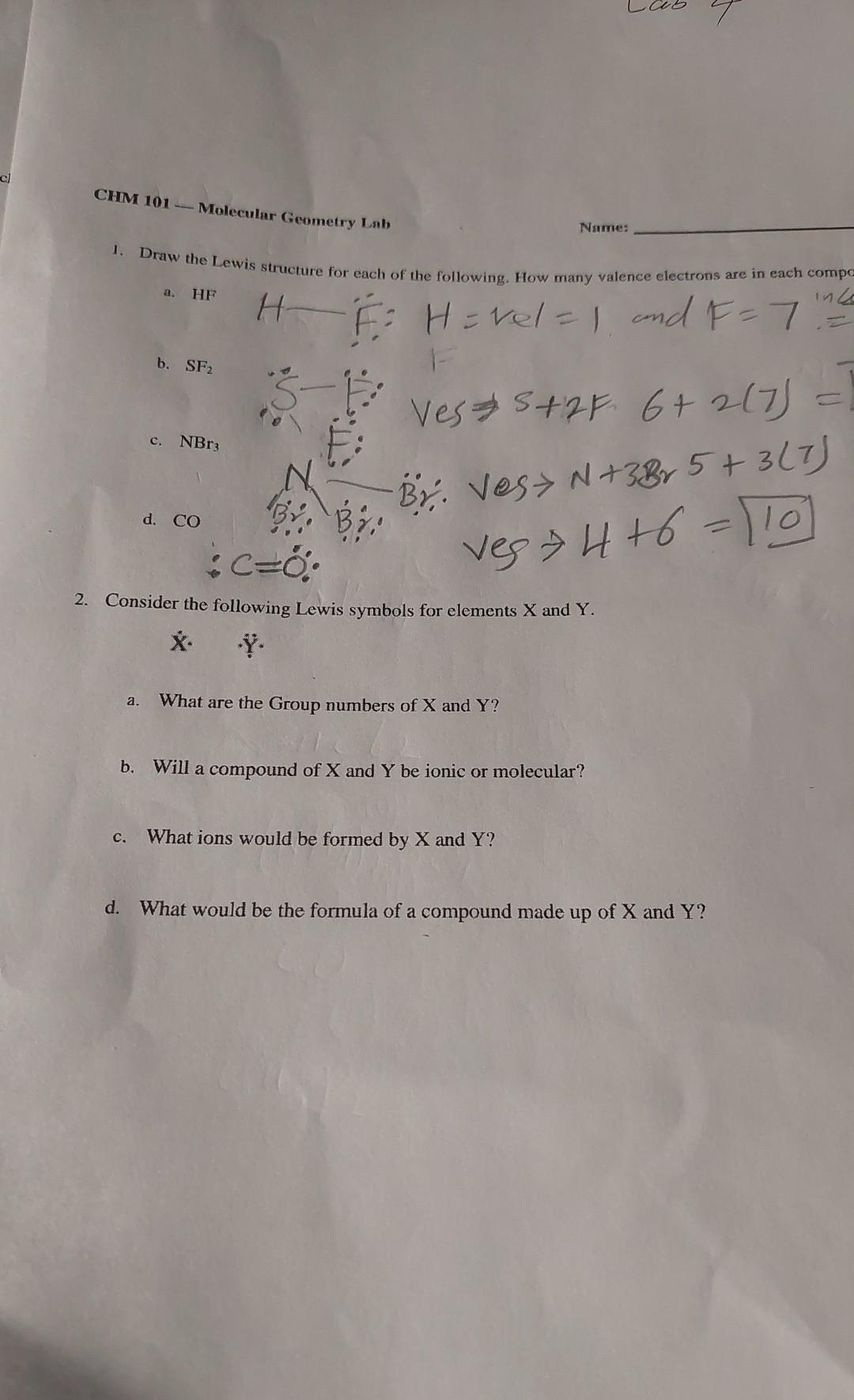 Solved c) CHM 101 --- Molecular Geometry Lab Name: 1. Draw | Chegg.com