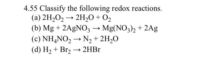 Solved 4.55 Classify the following redox reactions. (a) | Chegg.com
