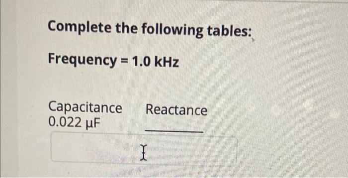 Solved Complete the following tables: Frequency = 1.0 kHz | Chegg.com