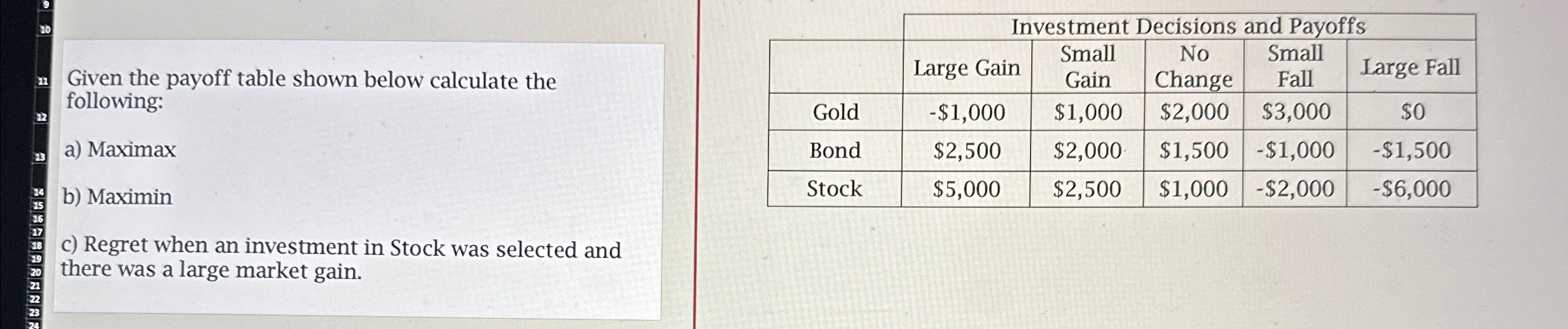Solved Given the payoff table shown below calculate the | Chegg.com