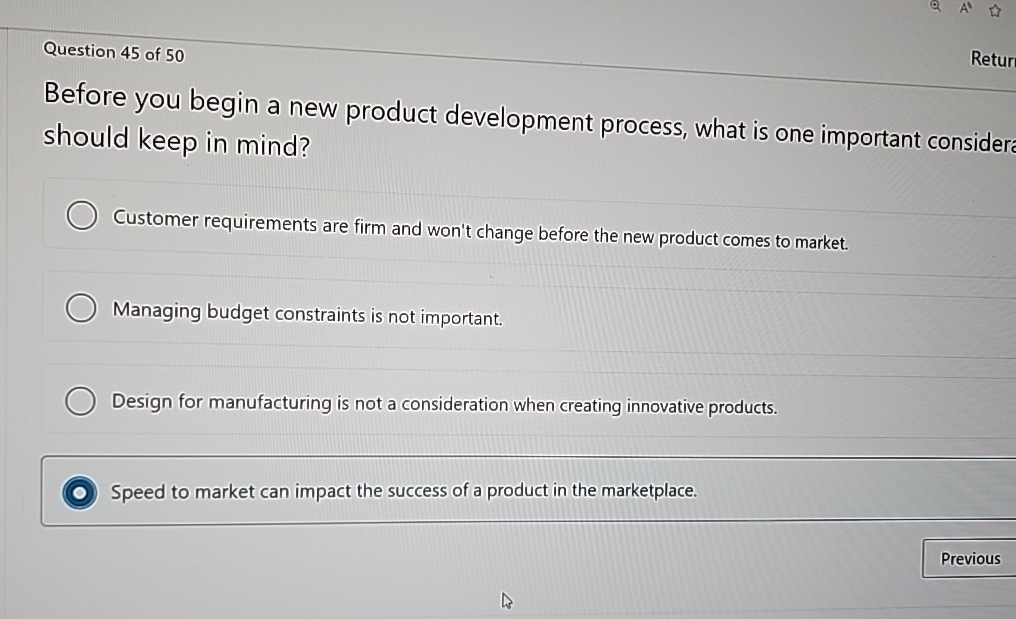 Solved Question 45 ﻿of 50Before you begin a new product | Chegg.com