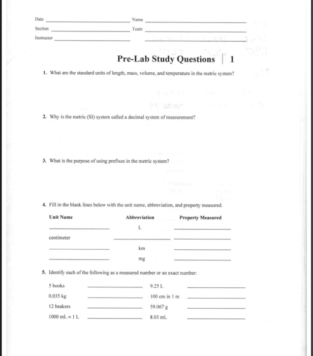 Solved Date Name Team Section Instructor Pre-Lab Study | Chegg.com