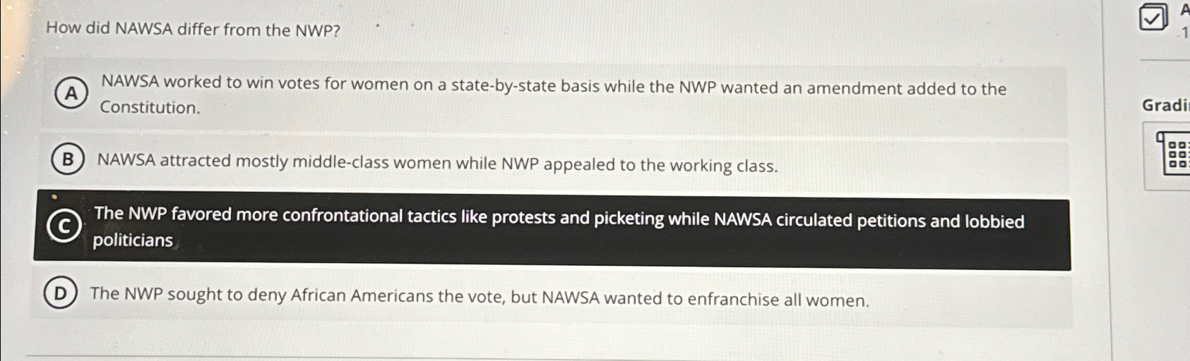 Solved How did NAWSA differ from the NWP?NAWSA worked to win | Chegg.com