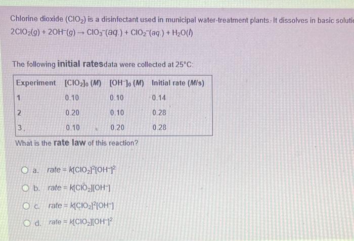 Solved Chlorine dioxide (ClO2) is a disinfectant used in | Chegg.com
