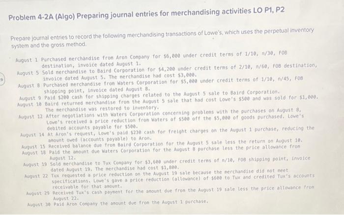 Solved Problem 4.2A (Algo) Preparing journal entries for | Chegg.com