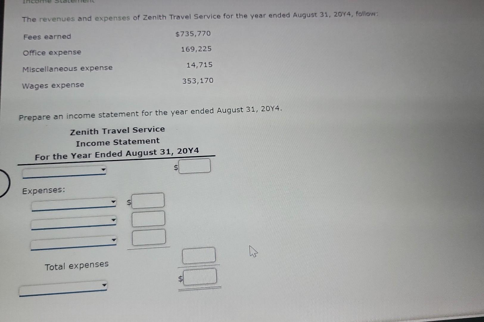 Solved The revenues and expenses of Zenith Travel Service | Chegg.com
