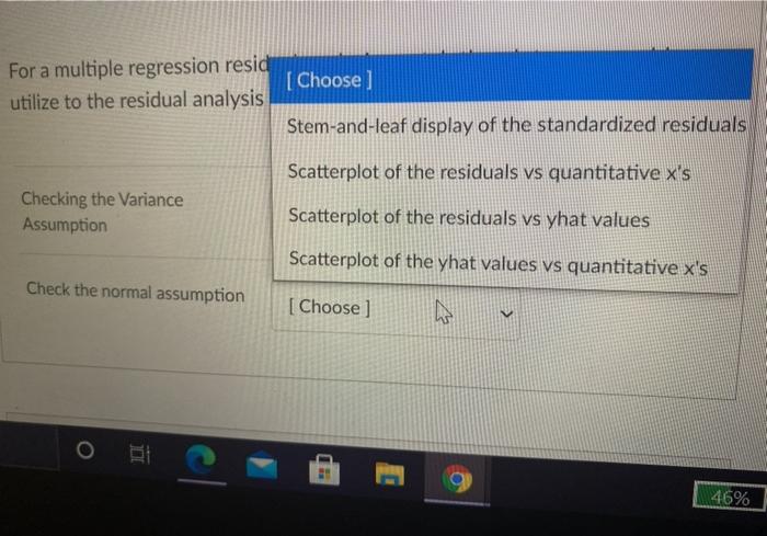 Solved For a multiple regression residual analysis, match | Chegg.com