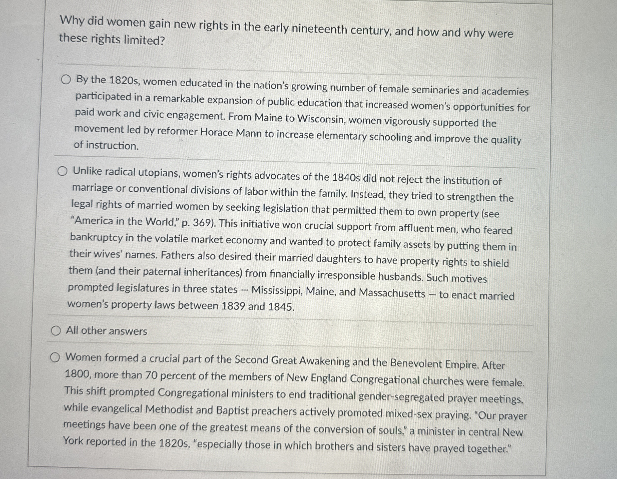 Solved Why did women gain new rights in the early nineteenth | Chegg.com