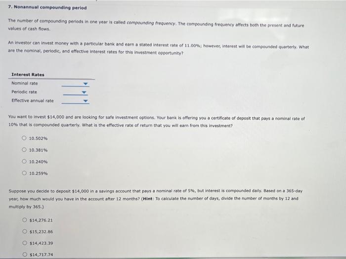 Solved 7. Nonannual compounding period The number of | Chegg.com