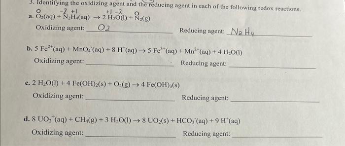 Solved 3. Identifying the oxidizing agent and the reducing | Chegg.com