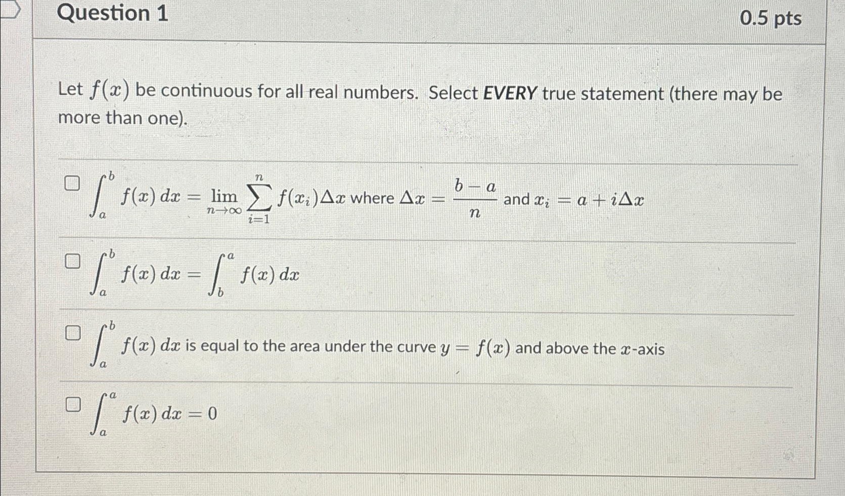 Solved Question 10.5ptsLet f(x) ﻿be continuous for all real | Chegg.com