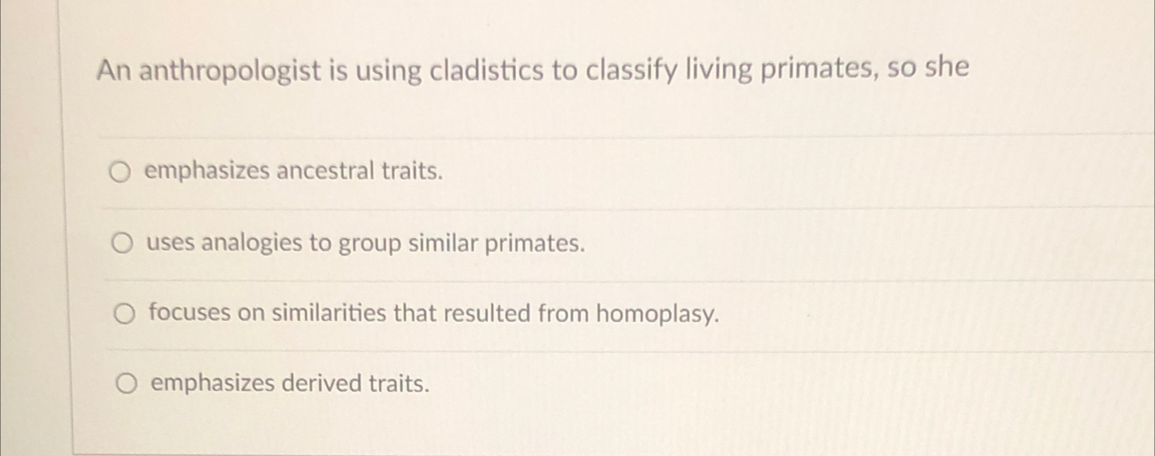 Solved An anthropologist is using cladistics to classify | Chegg.com