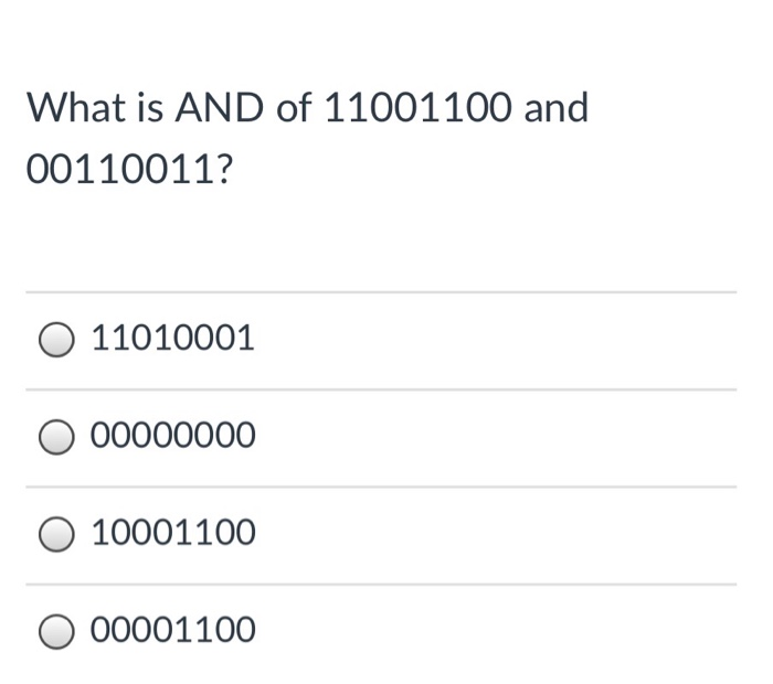 Solved What is AND of 11001100 and 00110011? 0 11010001 O | Chegg.com