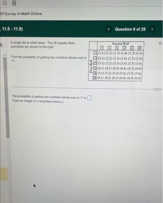 Solved A single die is rolied twice. The 36 equally-likely | Chegg.com