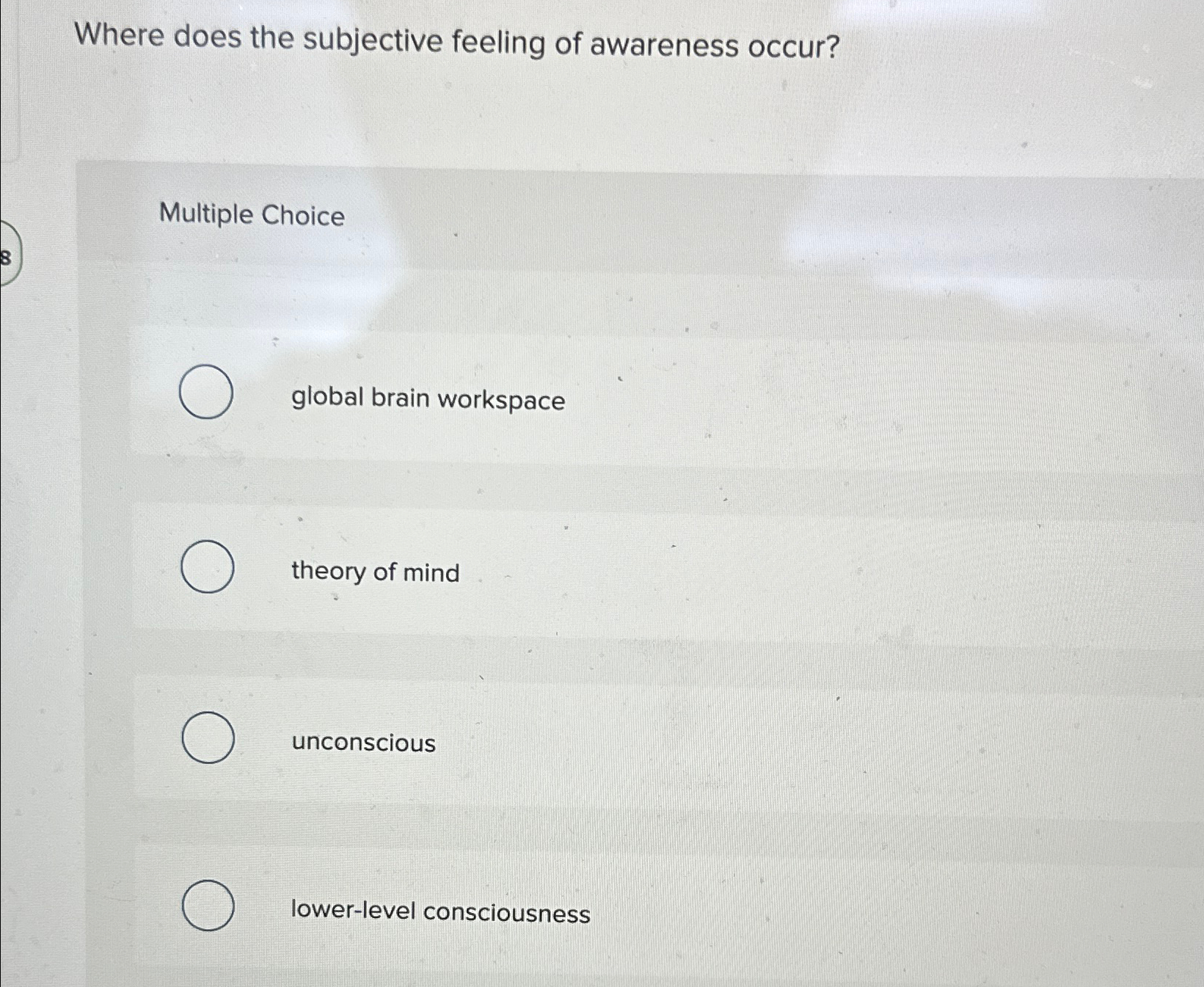 Solved Where does the subjective feeling of awareness | Chegg.com