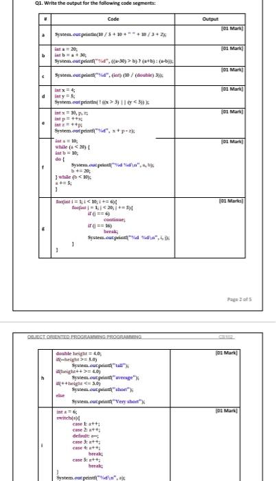 Solved 01 Write The Output For The Following Code Segments 5497