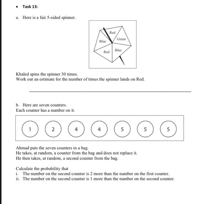 Solved • Task 13: a. Here is a fair 5-sided spinner. Red | Chegg.com