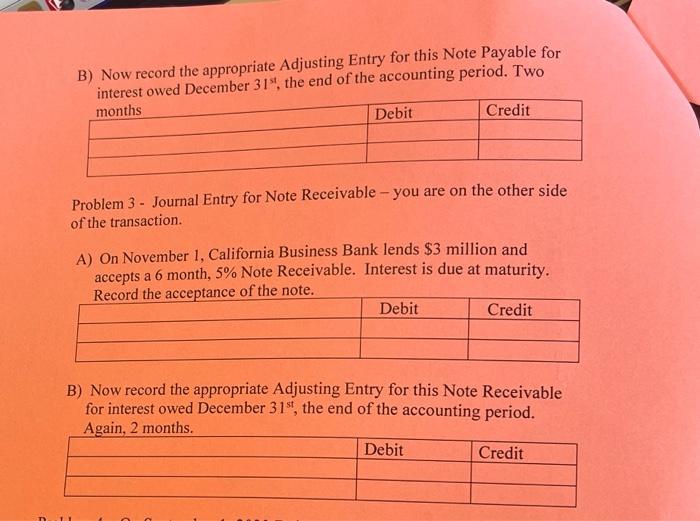 Solved Problem 2 - Journal Entry for Note Payable A) On | Chegg.com
