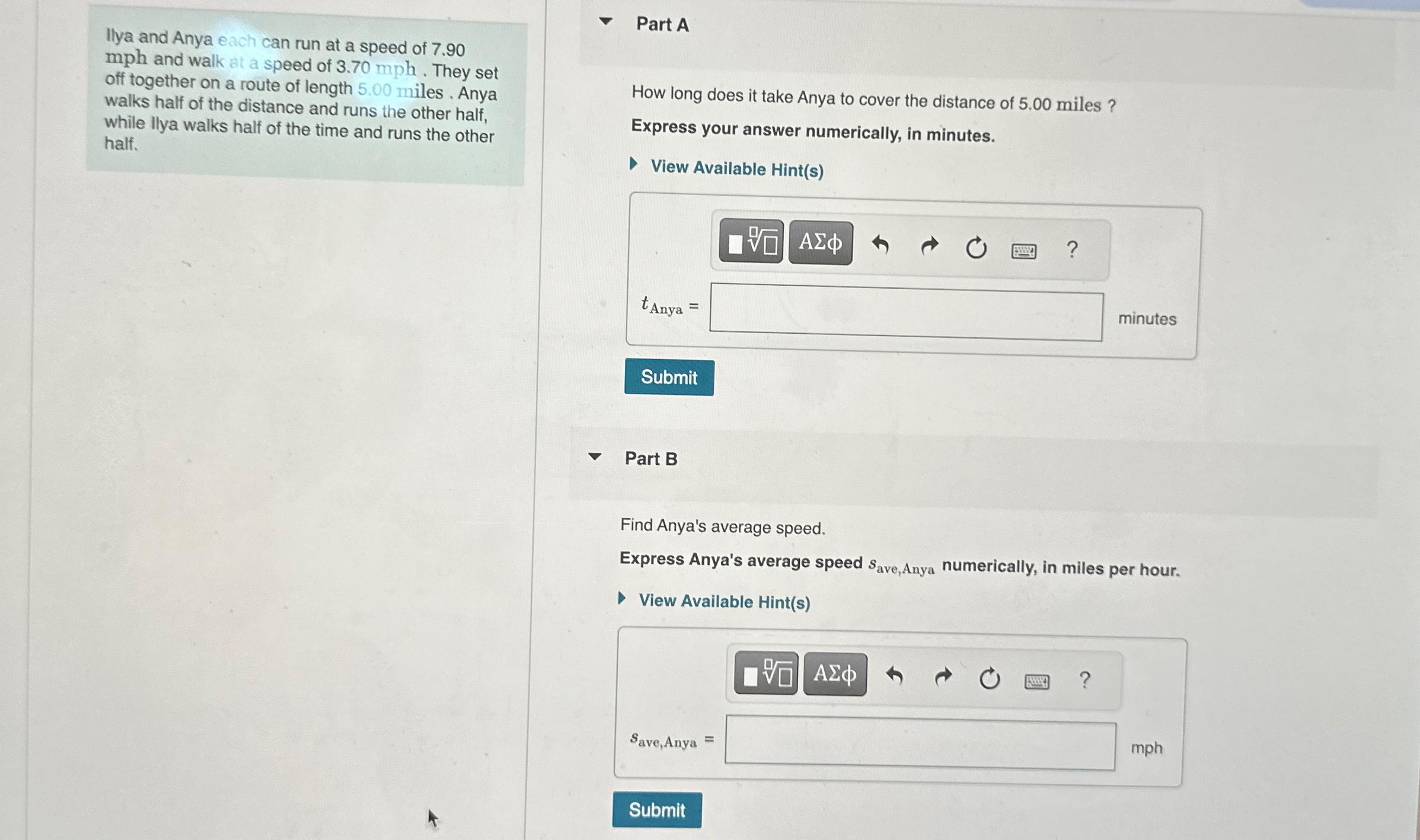 Solved llya and Anya each can run at a speed of 7.90 mph | Chegg.com
