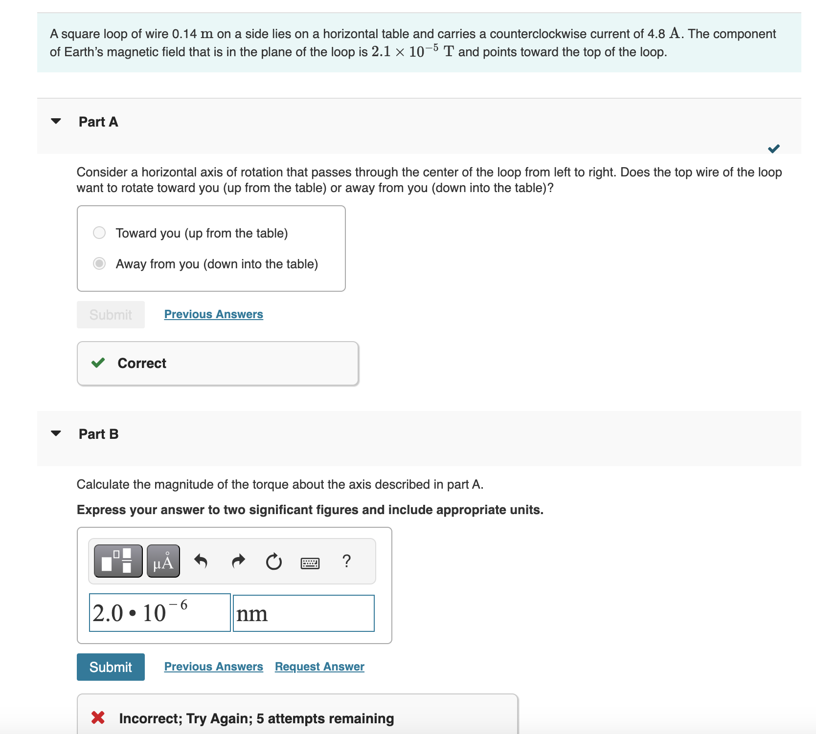 Solved A square loop of wire 0.14 ﻿m on a side lies on a | Chegg.com