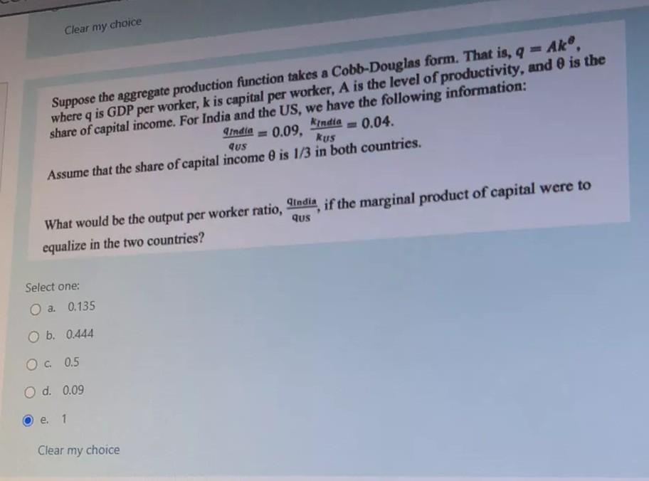 Solved Clear my choice Suppose the aggregate production | Chegg.com