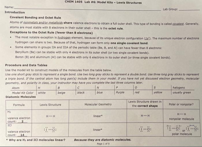 Solved CHEM 1405 Lab #6: Model Kits - Lewis Structures - | Chegg.com