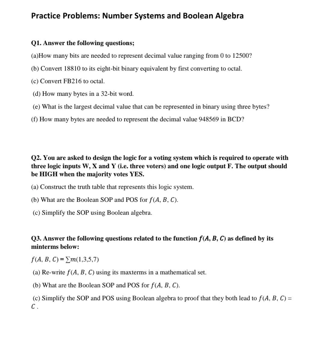 Solved Practice Problems: Number Systems and Boolean Algebra | Chegg.com