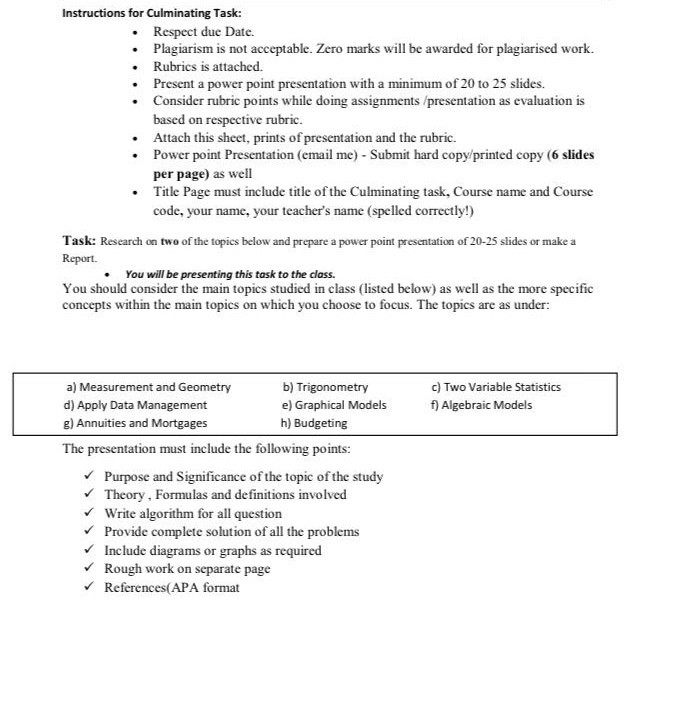 Solved Instructions for Culminating Task: • Respect due | Chegg.com
