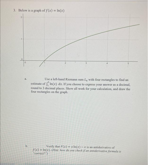 Solved 3. Below is a graph of f(x) = ln(x) 2 0 a. Use a | Chegg.com