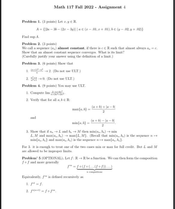 Solved Math 117 Fall 2022 - Assignment 4 Problem 1. (3 | Chegg.com
