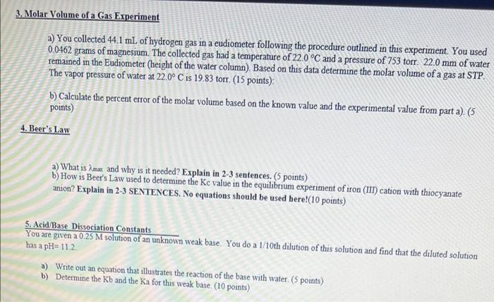 Solved 3. Molar Volume of a Gas Experiment a) You collected | Chegg.com