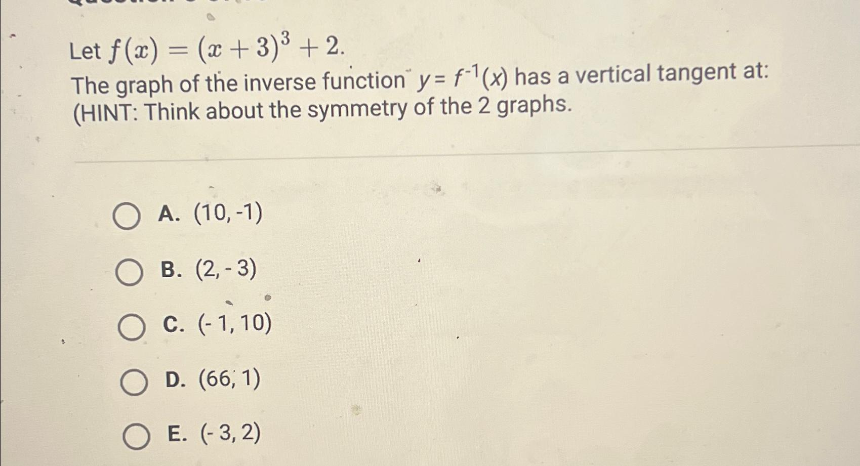 Solved Let f(x)=(x+3)3+2.The graph of the inverse function | Chegg.com