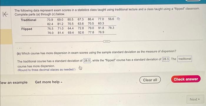 Solved The following data represent exam scores in a | Chegg.com