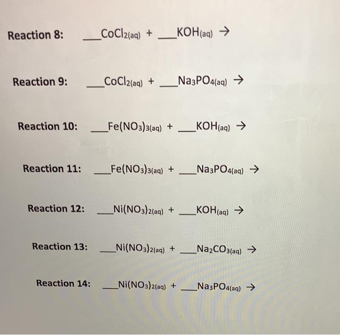 Solved Reaction 8: _CoCl2(aq) + _KOH(aq) → Reaction 9: | Chegg.com