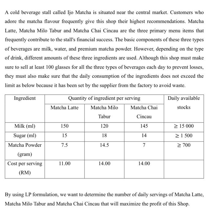 Solved A cold beverage stall called Ijo Matcha is situated | Chegg.com