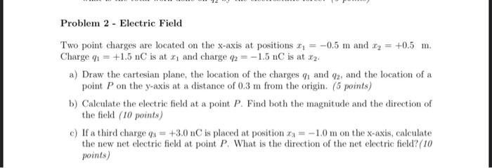 Solved Problem 2 - Electric Field Two point charges are | Chegg.com