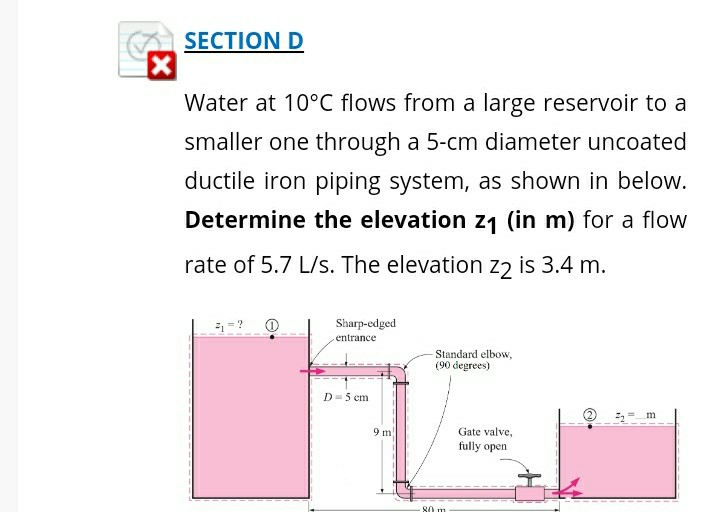 Solved SECTION D Water at 10°C flows from a large reservoir | Chegg.com