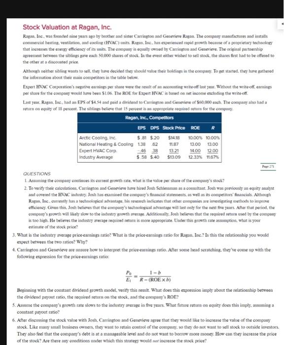 Solved Stock Valuation at Ragan, Inc. Ragan. Inc., was | Chegg.com