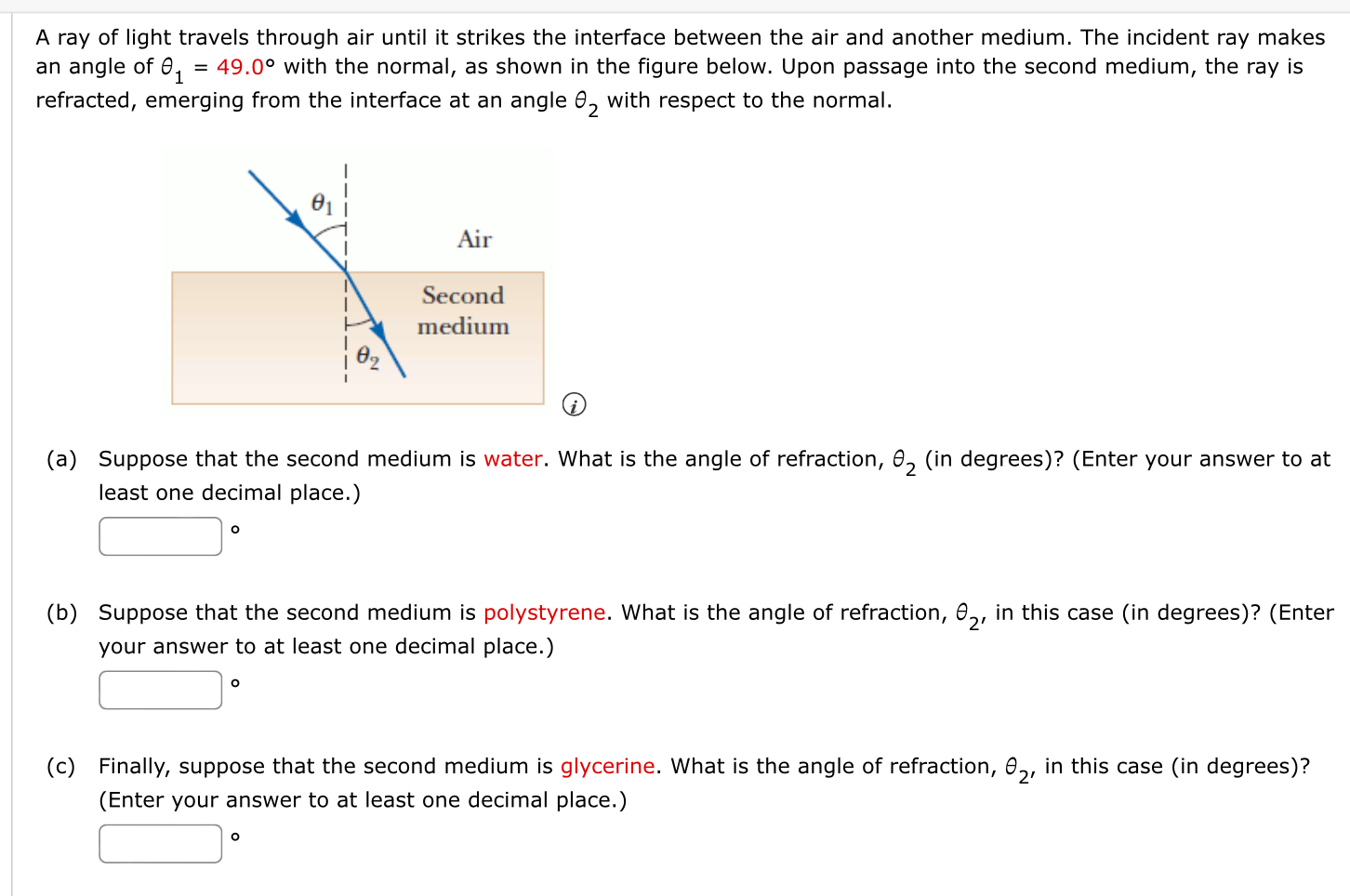 Solved A ray of light travels through air until it strikes | Chegg.com