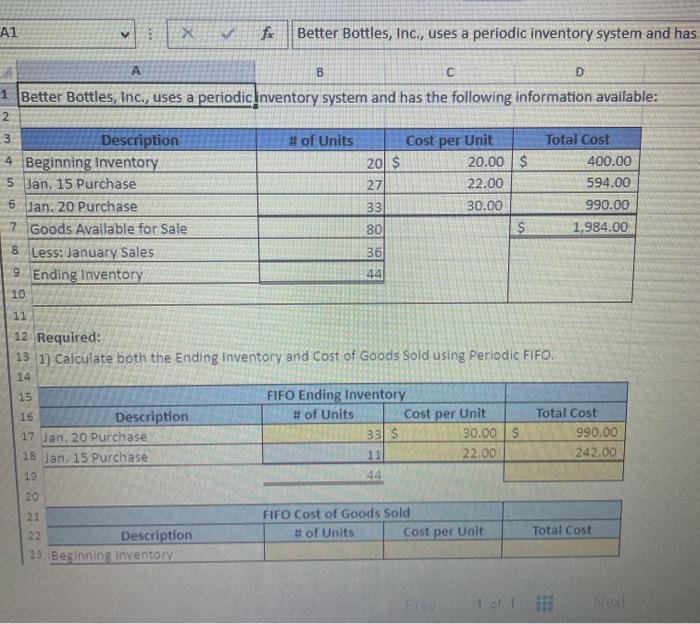 Solved A1 X Better Bottles, Inc., uses a periodic inventory | Chegg.com