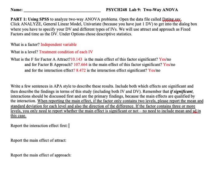 Name: PSYCH248 Lab 9: Two-Way ANOVA PART 1: Using | Chegg.com