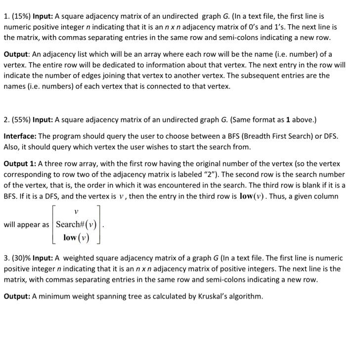 Solved 1. (15\%) Input: A square adjacency matrix of an | Chegg.com
